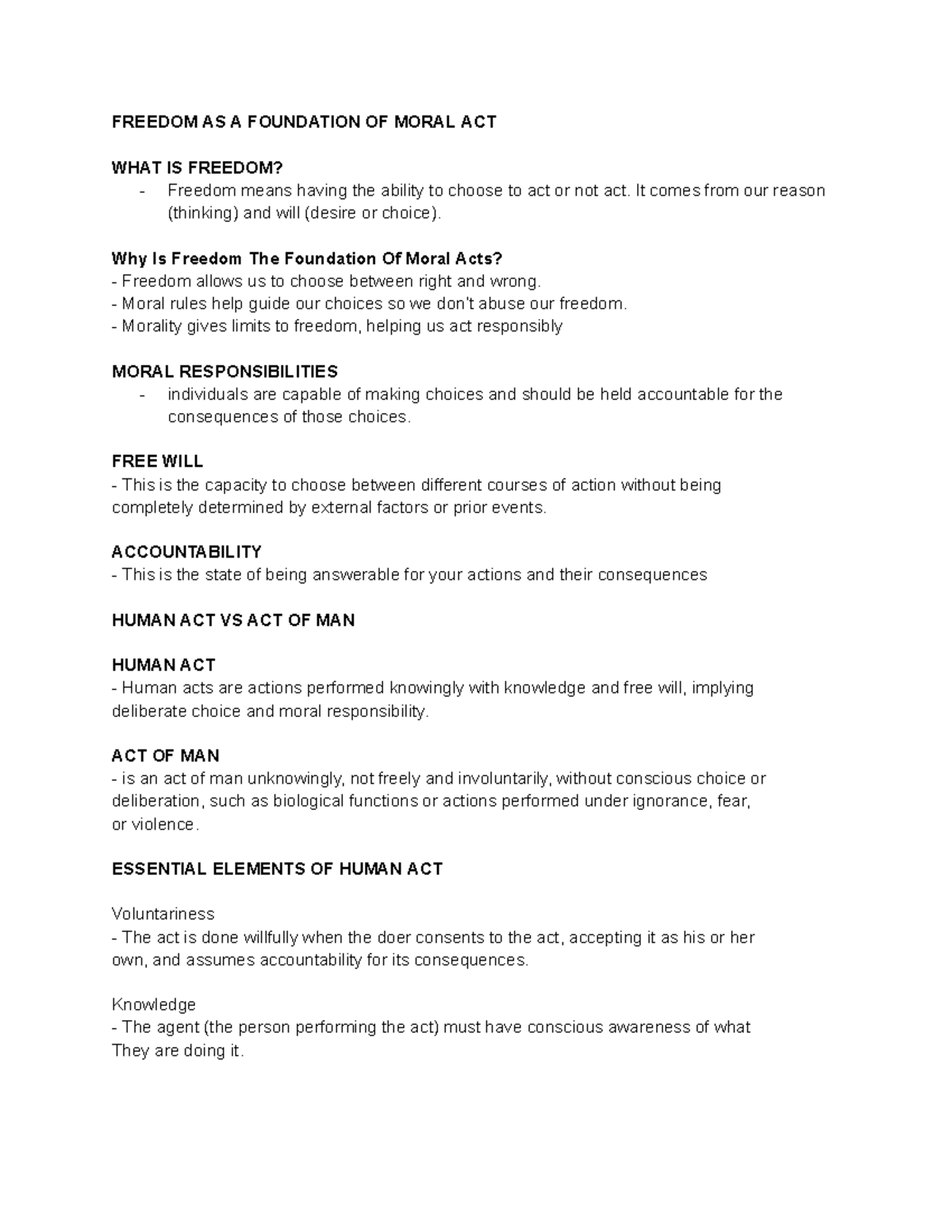 Ethics Review Midterm: Understanding Freedom and Moral Responsibility ...