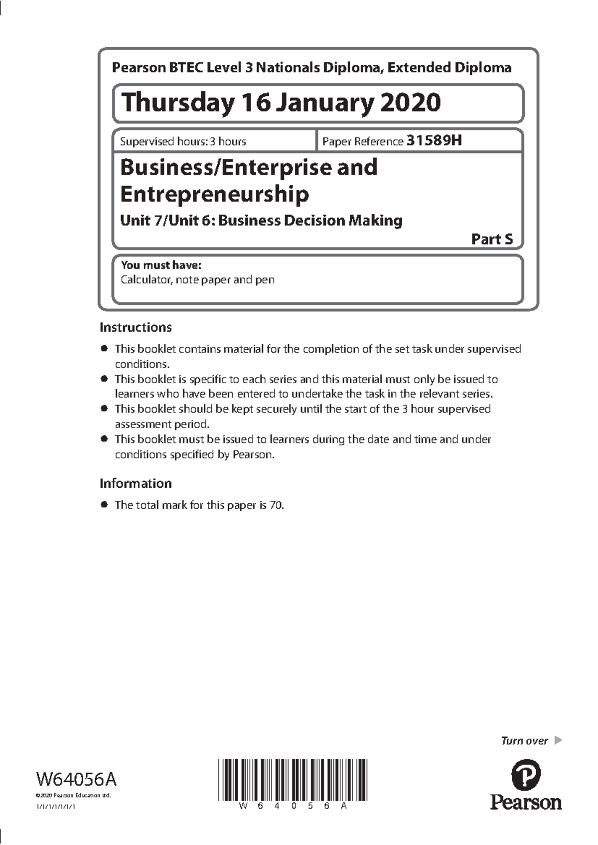 Unit 7 Business Decision Making: 2020 Exam Paper (W64056A) - Studocu