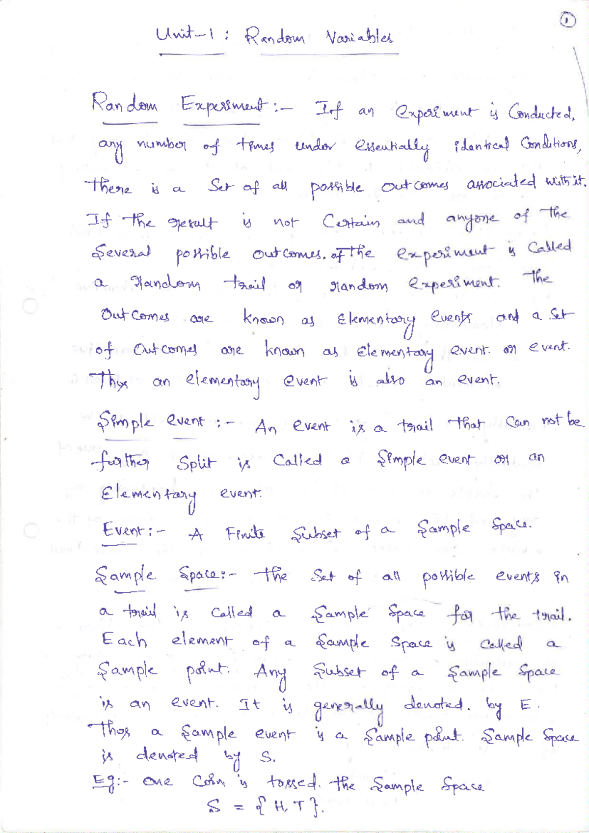 MSF Unit I - GOOD FOR LEARNING - , 1 : Random Variables Random If an experiment is Conducted ...