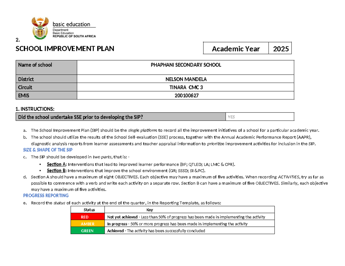 SIP Template 2025: Phaphani Secondary School Improvement Plan - Studocu