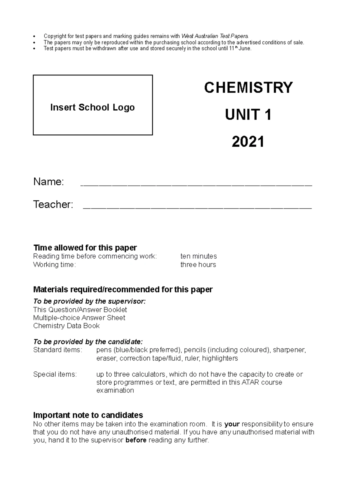 Practice Exam for unit 1 - Year 11 ATAR Human Biology Practice ...