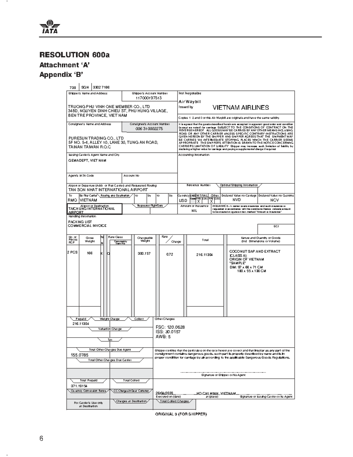 AWB 600a: Air Waybill for Coconut Sap Shipment from Vietnam - Studocu