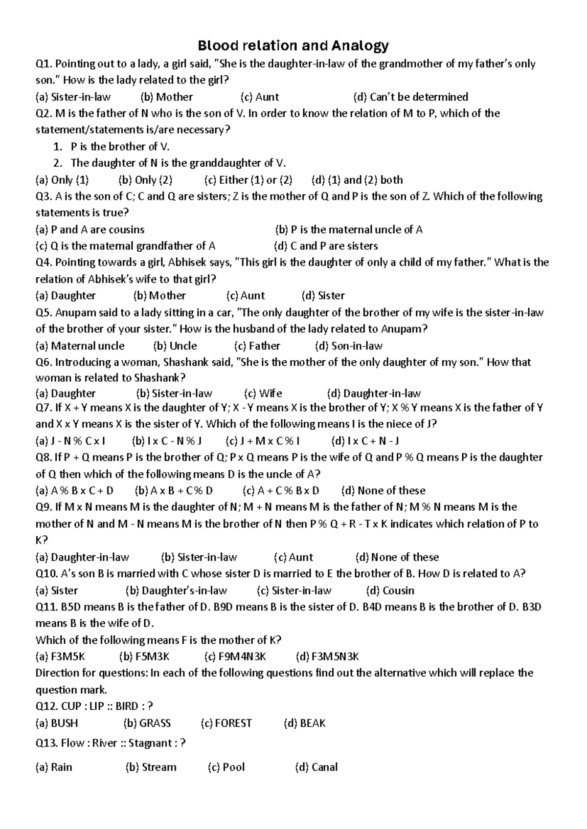 Blood Relation and Analogy Practice Questions - Studocu
