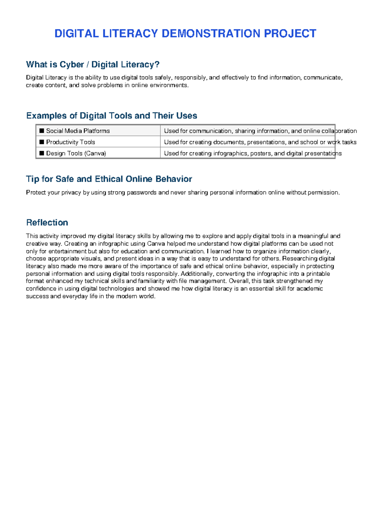 DIGITAL LITERACY DEMO PROJECT: Cyber Literacy & Tools Overview - Studocu
