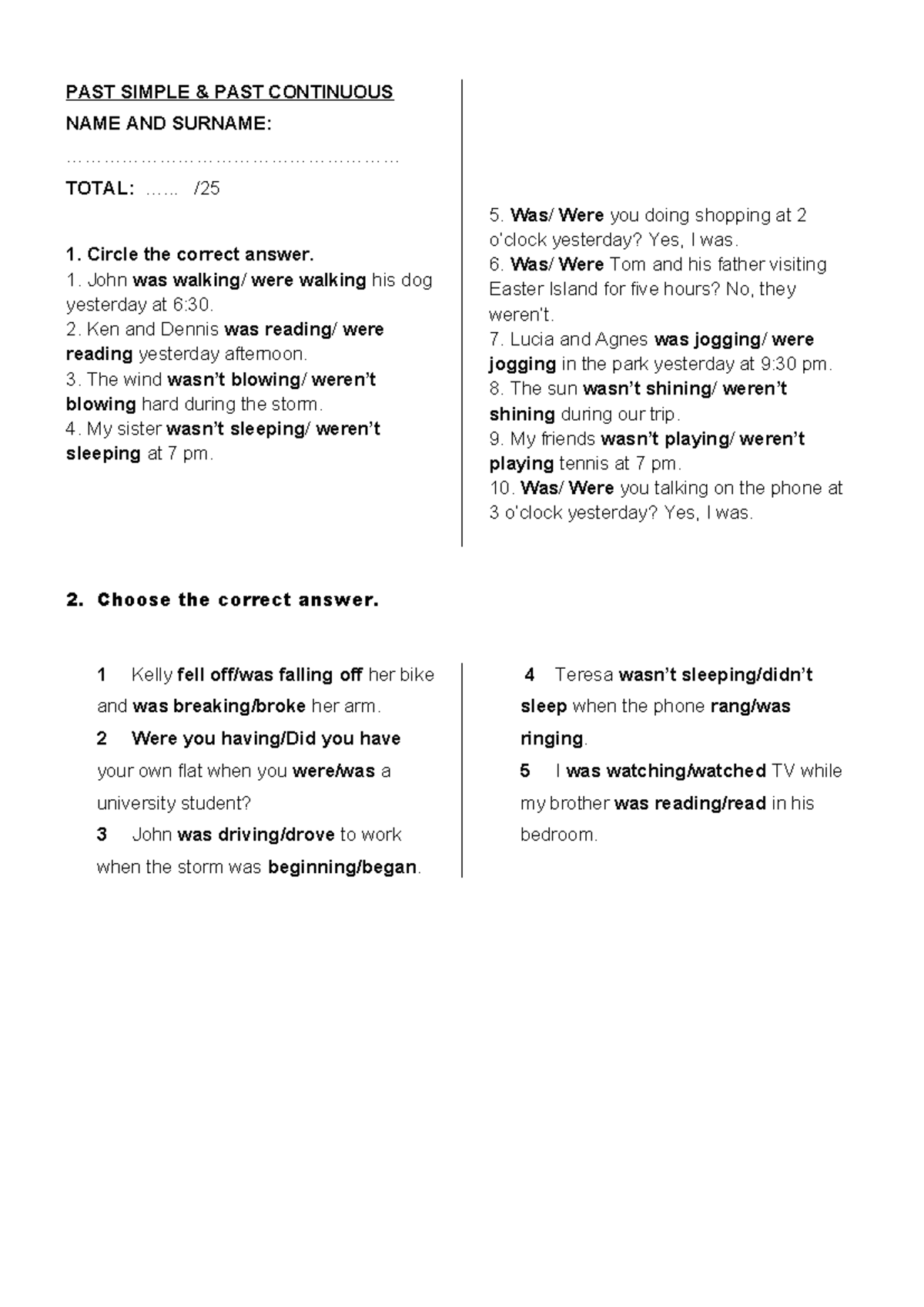 PAST SIMPLE & PAST CONTINUOUS EXERCISES (ENG 101) - Studocu