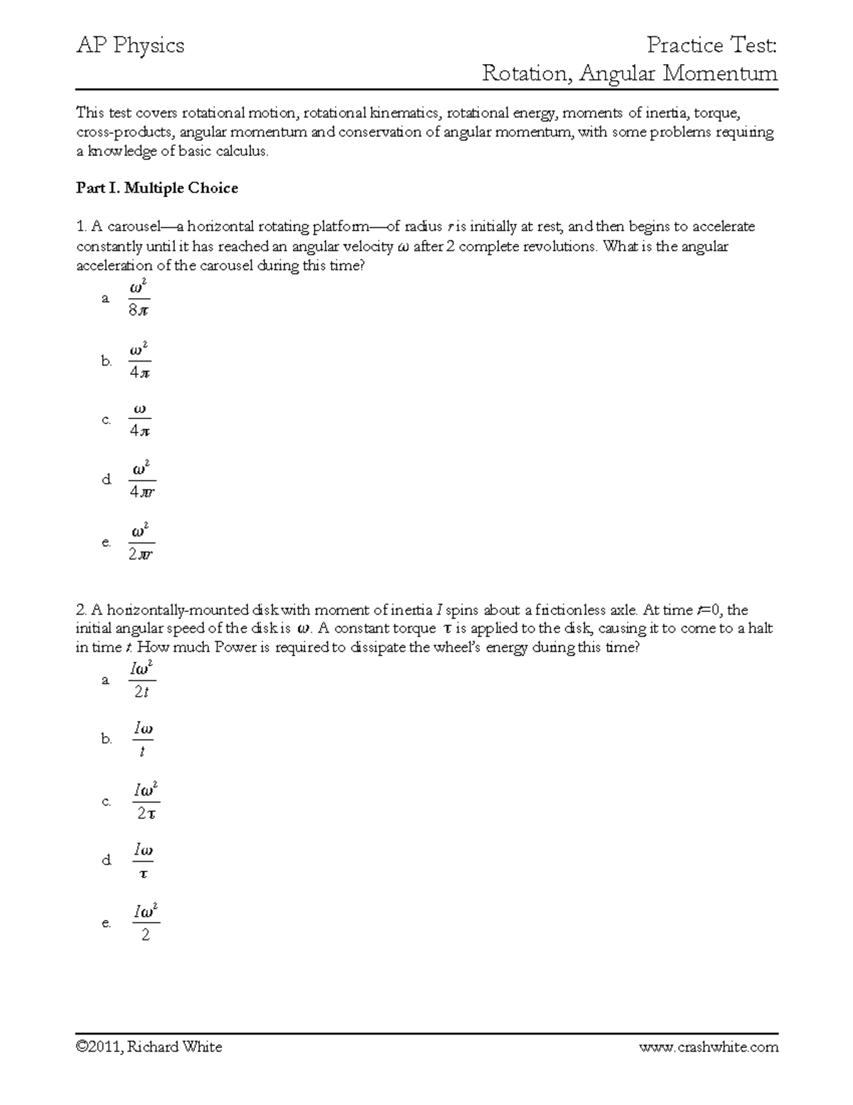 AP Physics Practice Test 6: Rotation and Angular Momentum Concepts ...