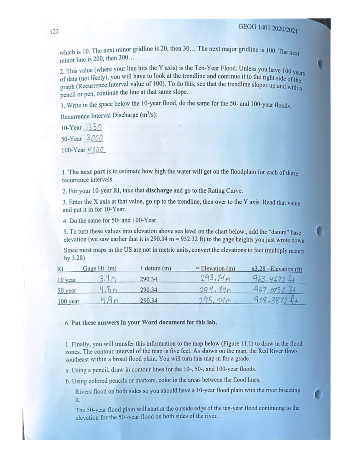 GEOG 1401 - Geography Lab Worksheet on Floodplain Estimations and ...