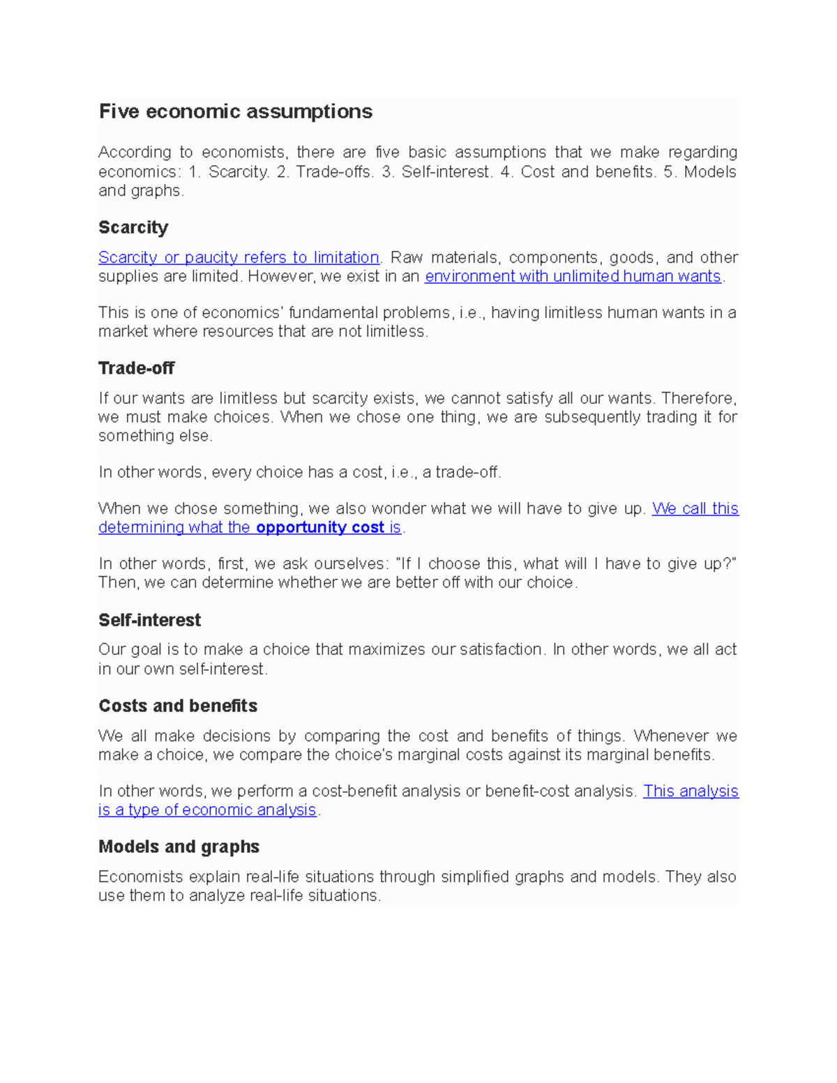 Five economic assumptions - Five economic assumptions According to ...