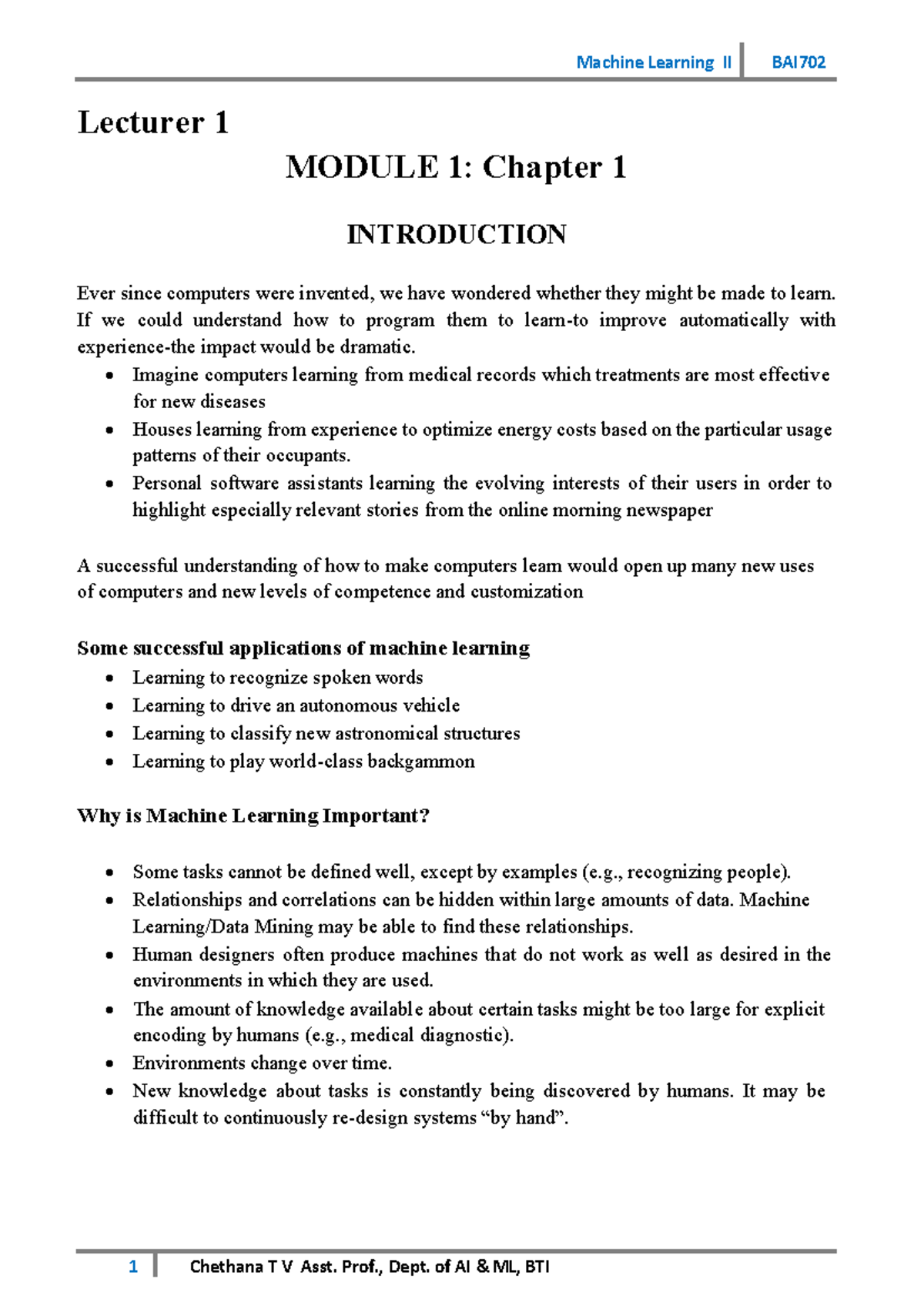 Machine Learning II BAI702: Module 1 Lecture Notes - Studocu