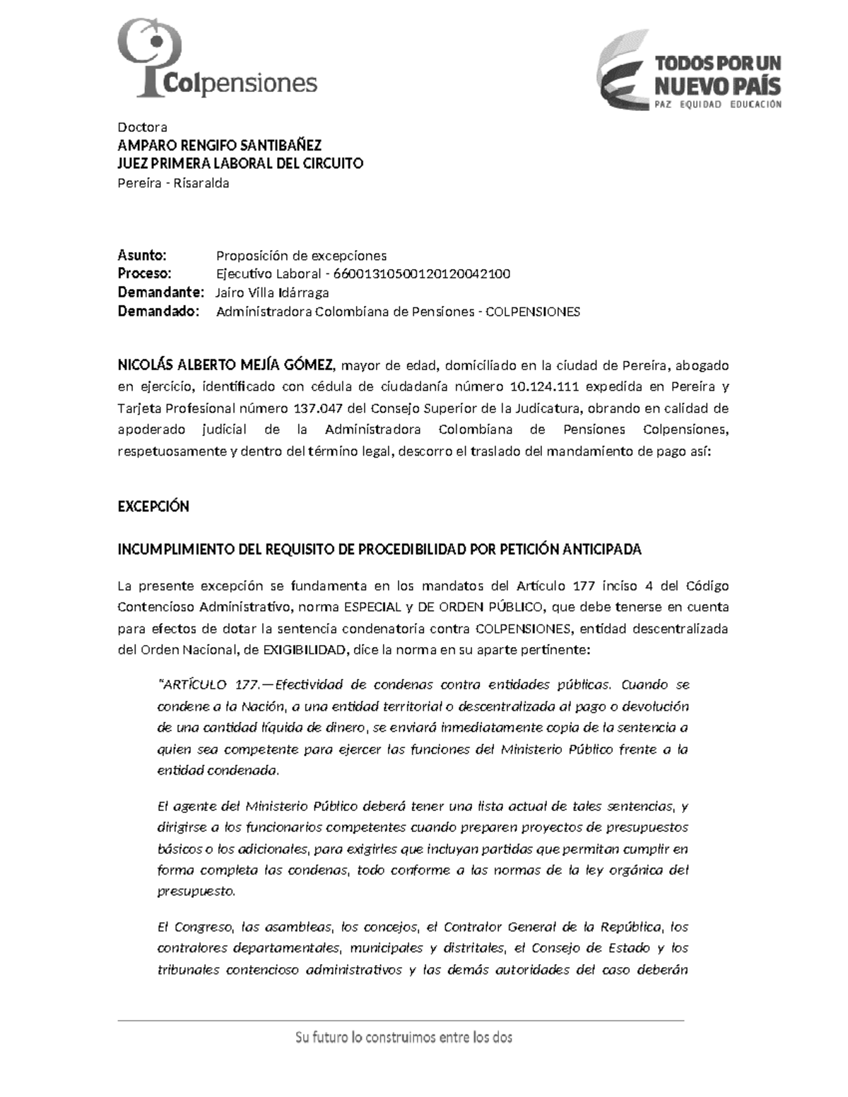 Contestación Demanda Ejecutiva Jairo Villa Idárraga - Doctora AMPARO ...