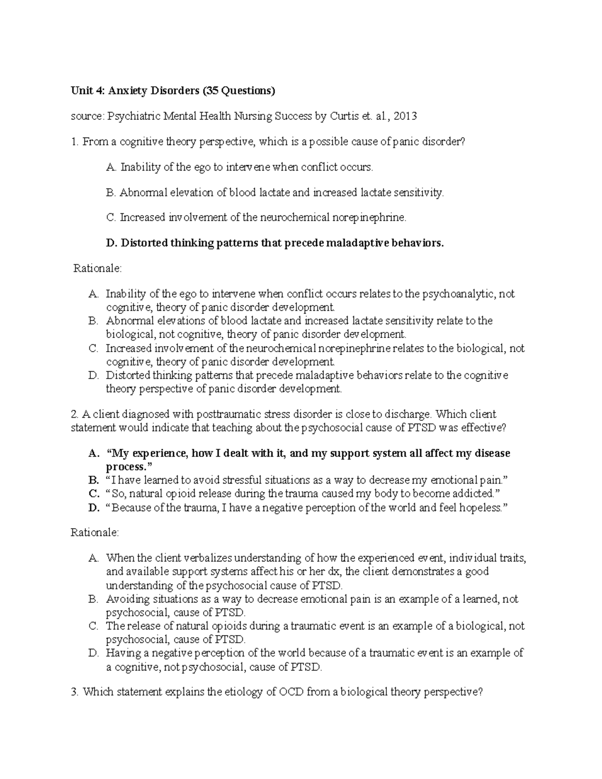 UNIT 4 Nclex Questions - Unit 4: Anxiety Disorders (35 Questions ...