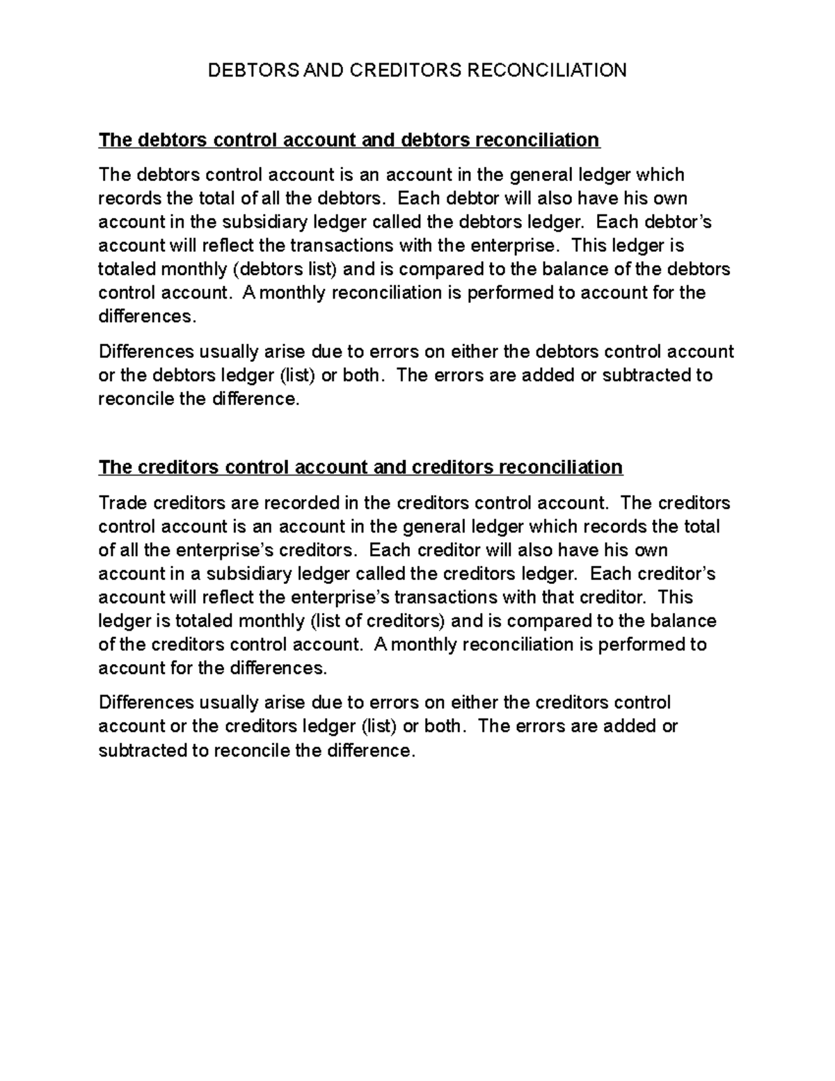 Introduction to Debtors & Creditors Reconciliation in Accounting - Studocu