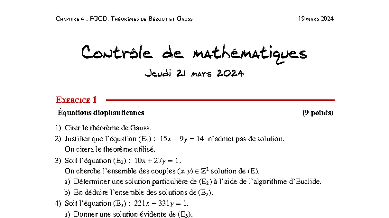 Chapitre 4 : PGCD et Théorème de Gauss - Contrôle Maths 1ère Exp. - Studocu