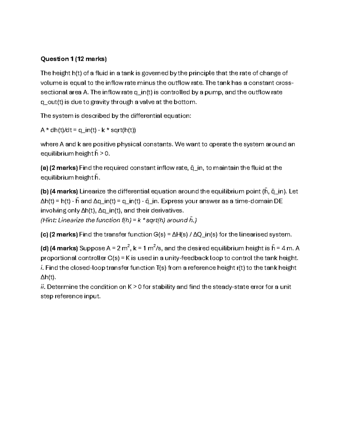 Practice 1: Fluid Dynamics & Control Systems Analysis (12 Marks) - Studocu