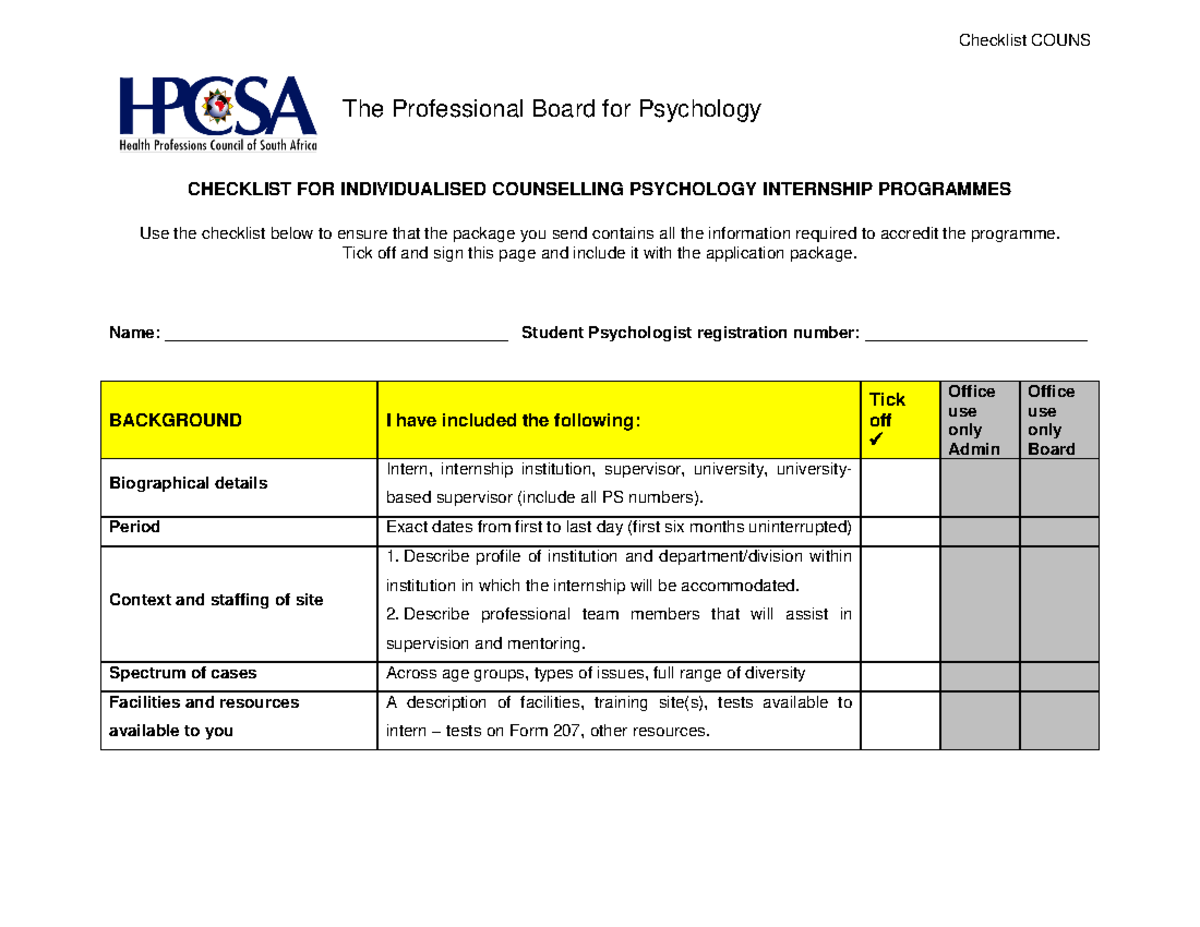 Checklist COUNS: Accreditation for Individualised Counselling ...