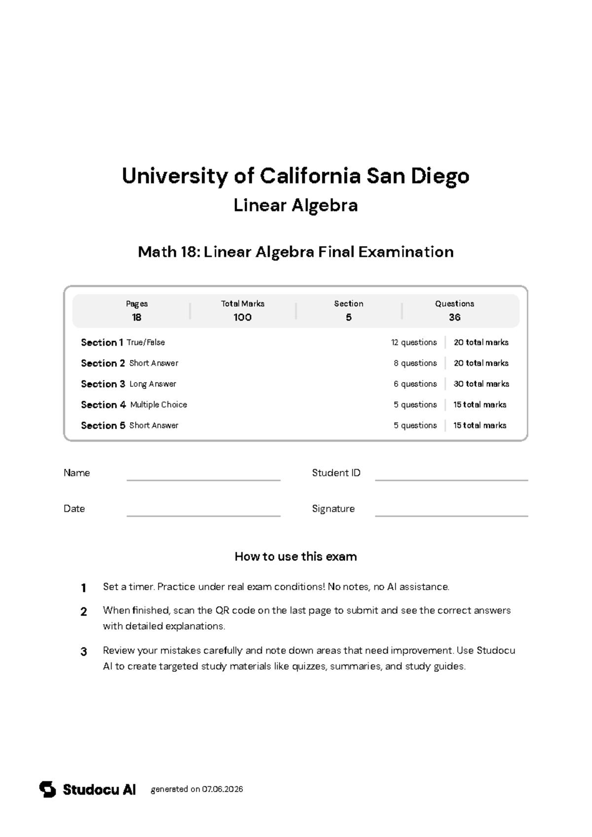 Math 18: Linear Algebra Final Exam - Studocu