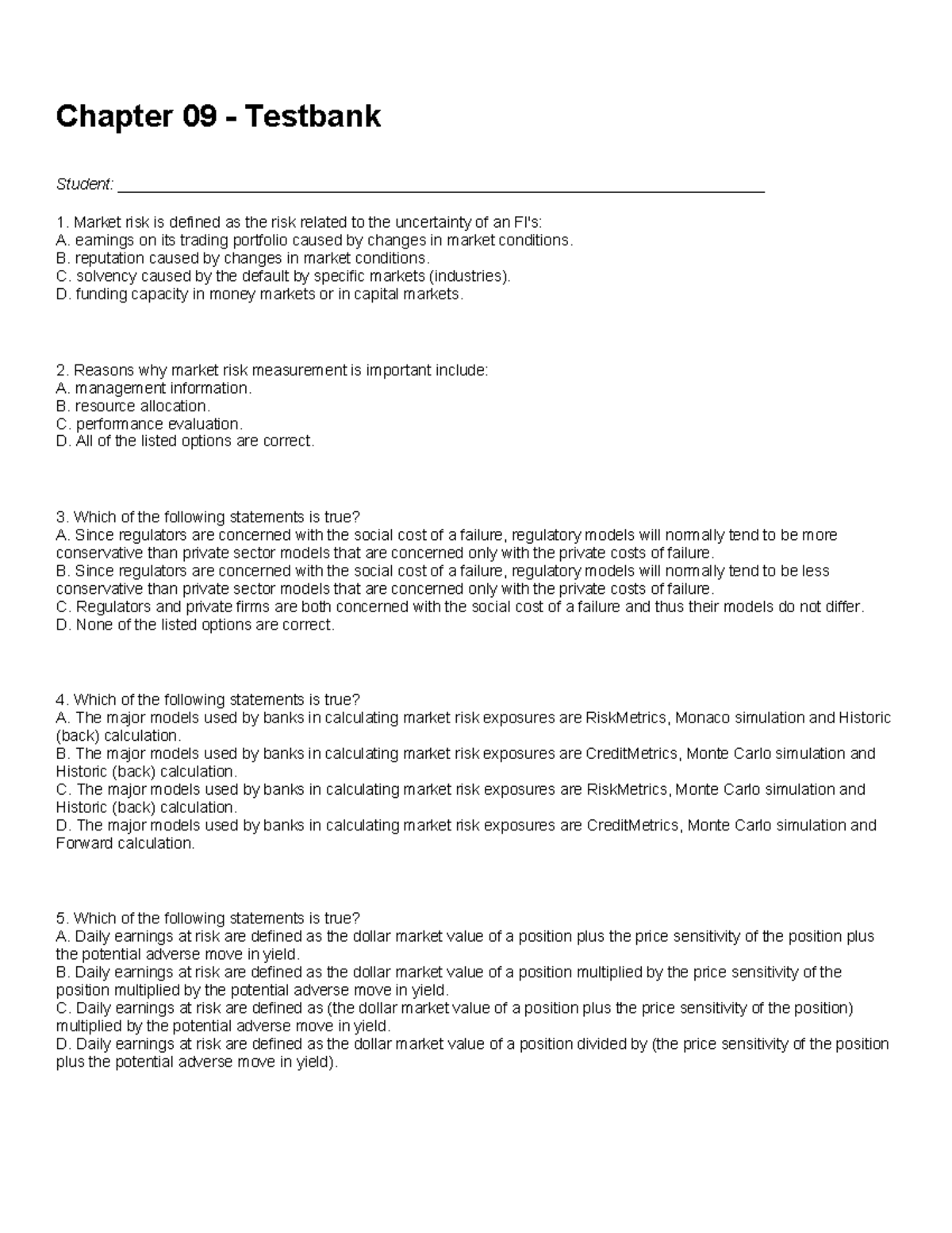 CH9 (Testbank) - Market Risk Measurement Concepts and Applications ...