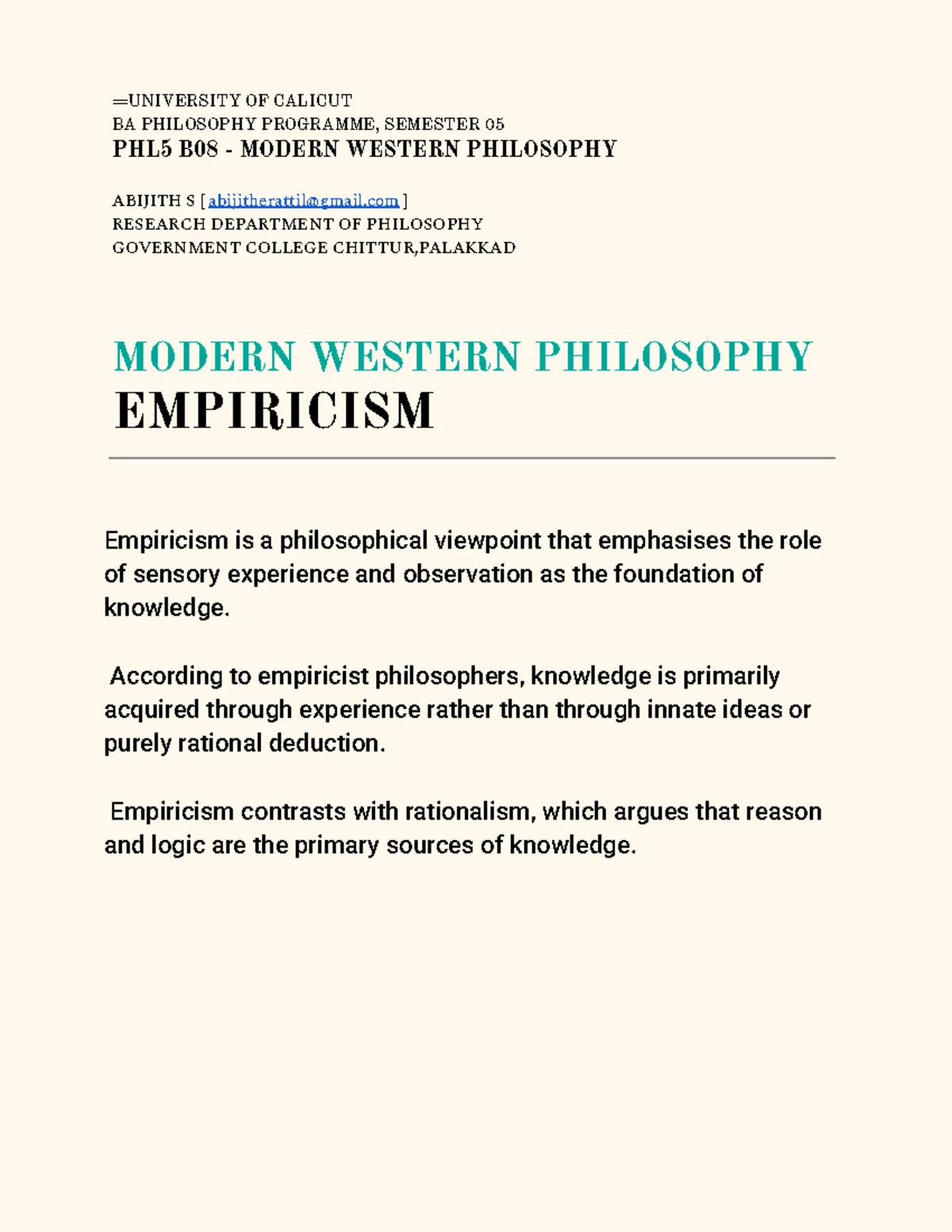Rationalism in Modern Western Philosophy (PHL5 B08) - Summary of ...