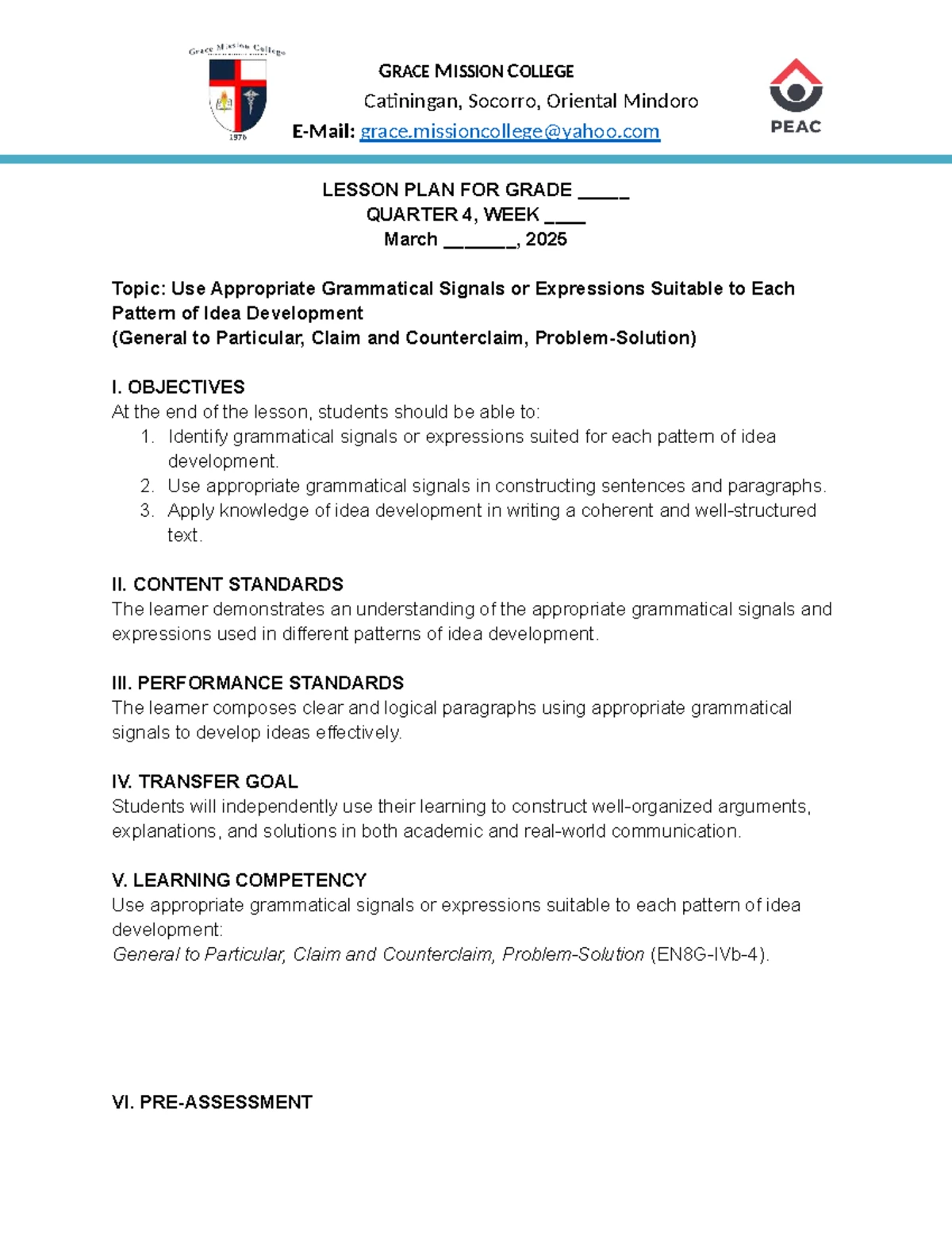 GRACE MISSION COLLEGE Quarter 4 Lesson Plan: Patterns of Idea ...