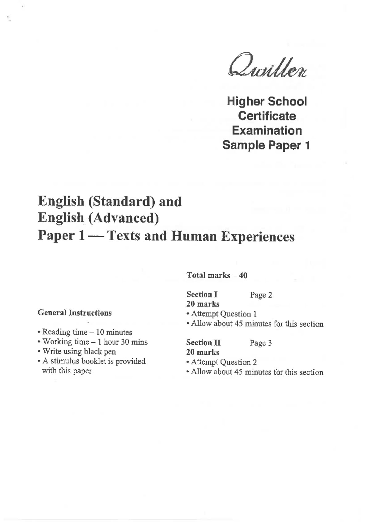 Qwiller HSC Exam Sample Paper 1: English (Std & Adv) - Texts & Human ...