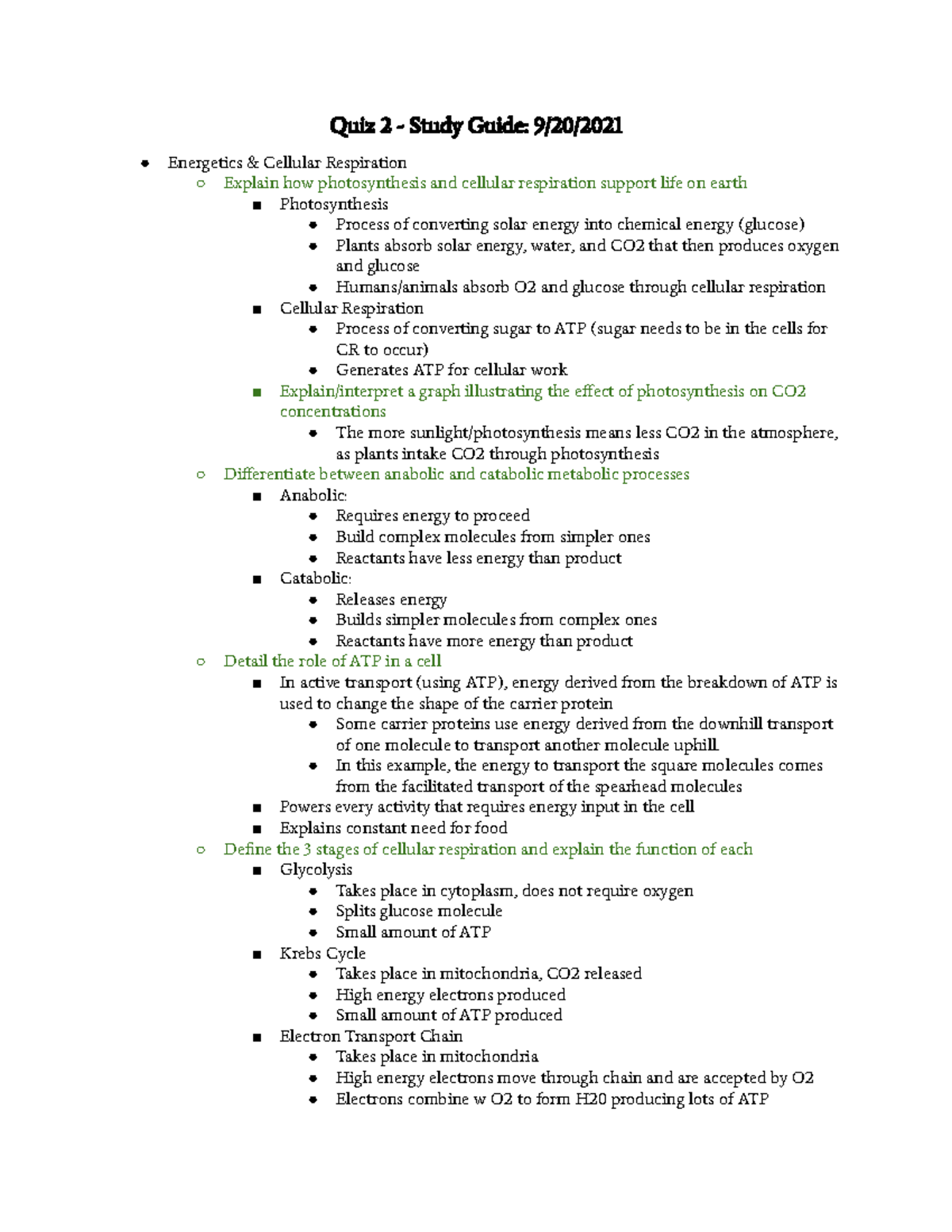 Biology 1101 Quiz 2 - Comprehensive Study Guide on Metabolism ...