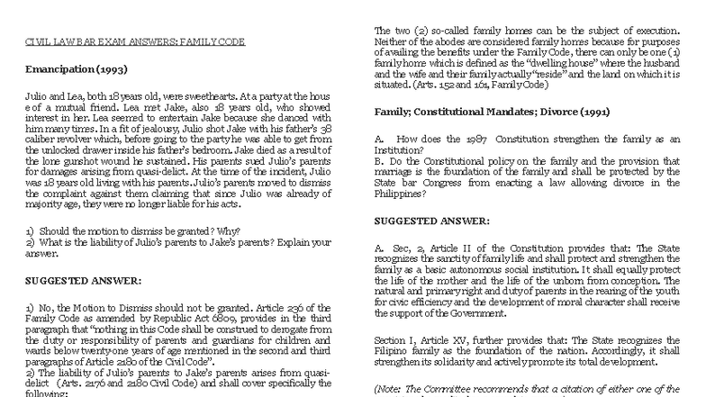 445888456 Civil LAW BAR EXAM Answers Family CODE - CIVIL LAW BAR EXAM ...