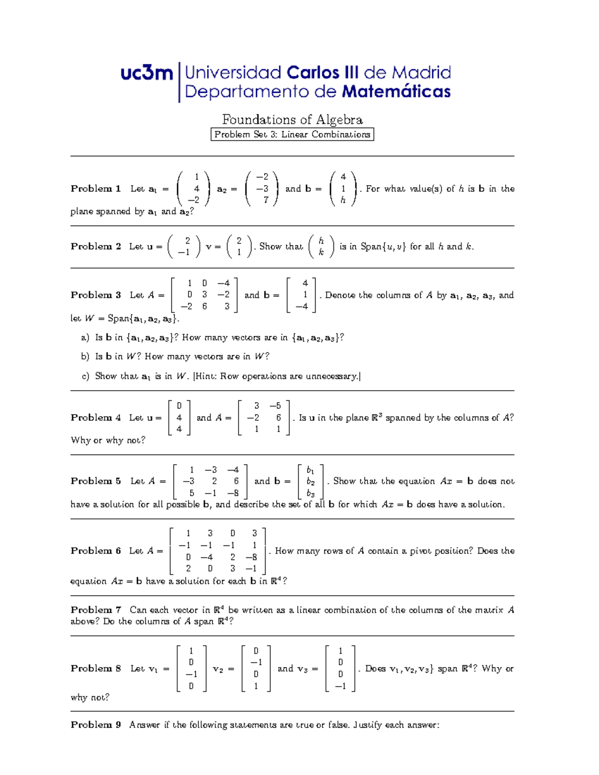 Foundations of Algebra Problem Set 3: Linear Combinations and Solutions - Studocu