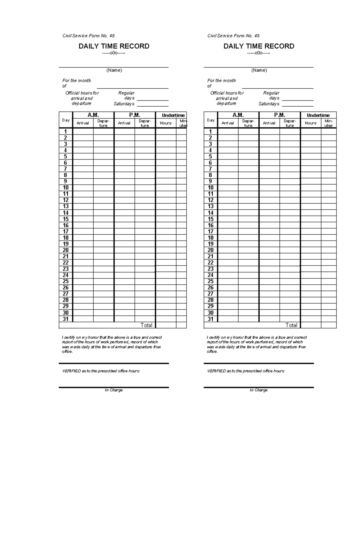 Civil Service Form No. 48 - Daily Time Record Sheet - Studocu