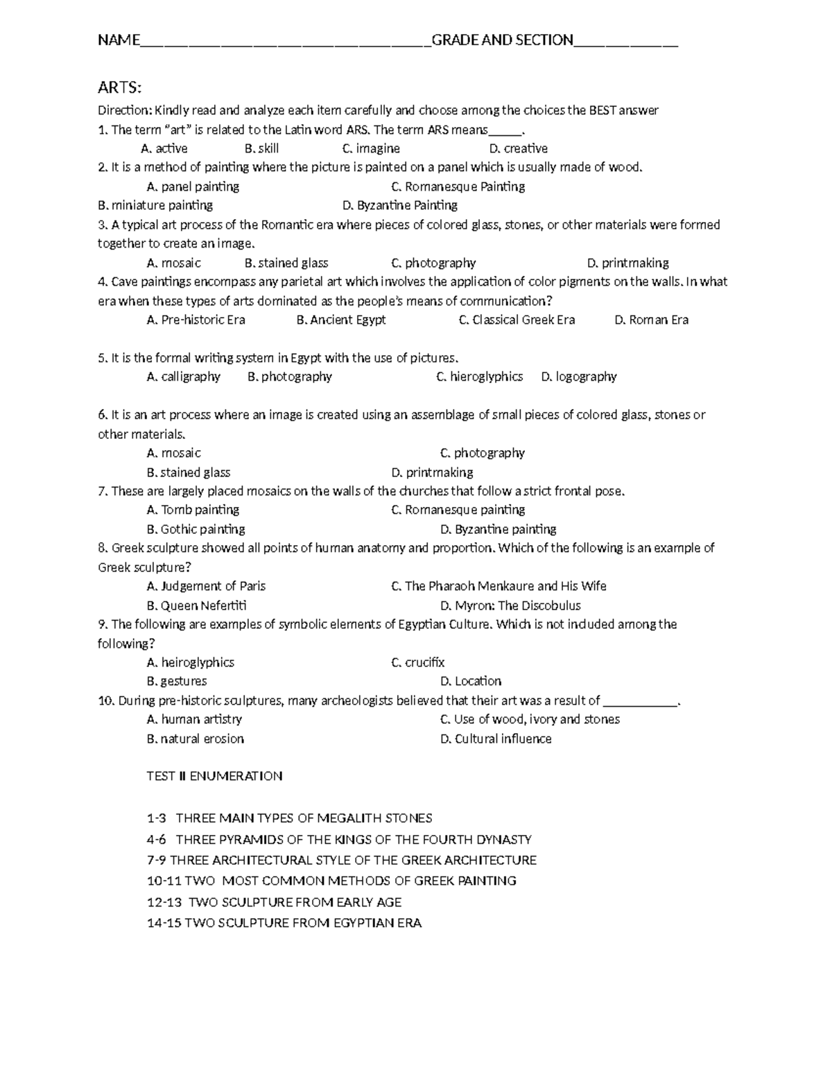LONG TEST: Arts & Culture Analysis (Course Code: AND ARTS) - Studocu