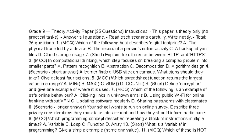 Grade 9 Digital Tech Theory Activity Paper (25 Questions) - Studocu