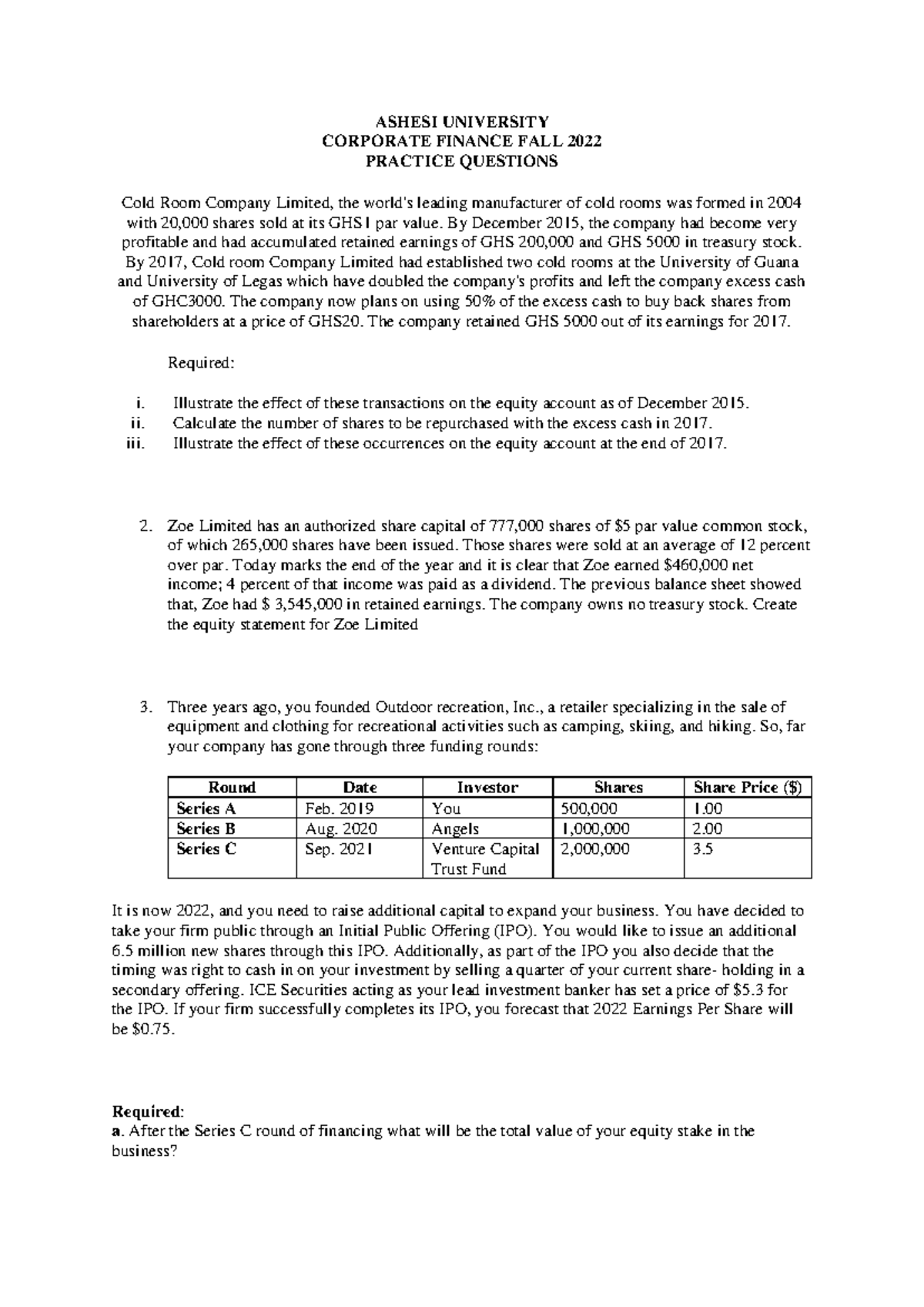 Practice Questions - Corporate Finance (FIN 202) Fall 2022 - Studocu