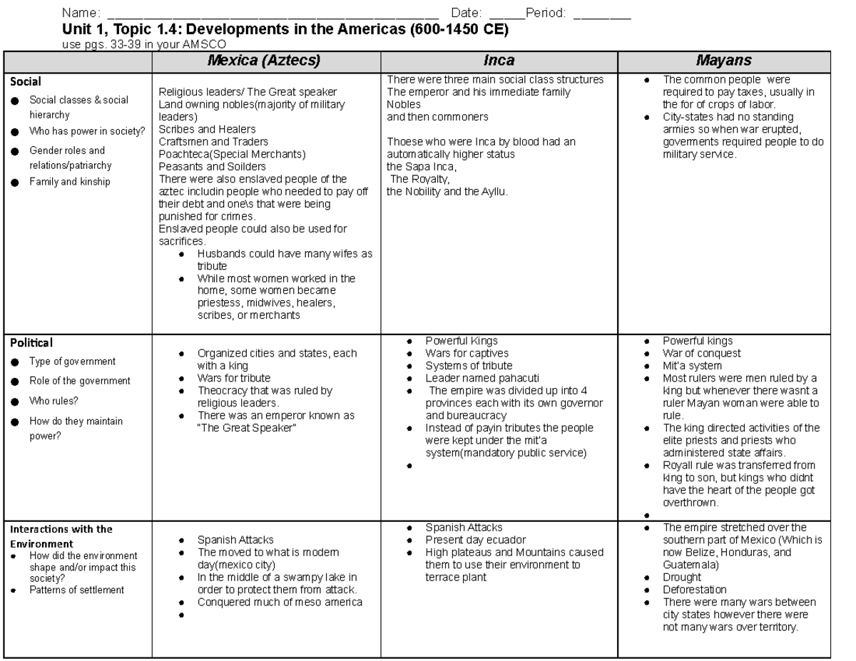 Copy of Unit 1 American Civilizations - Name