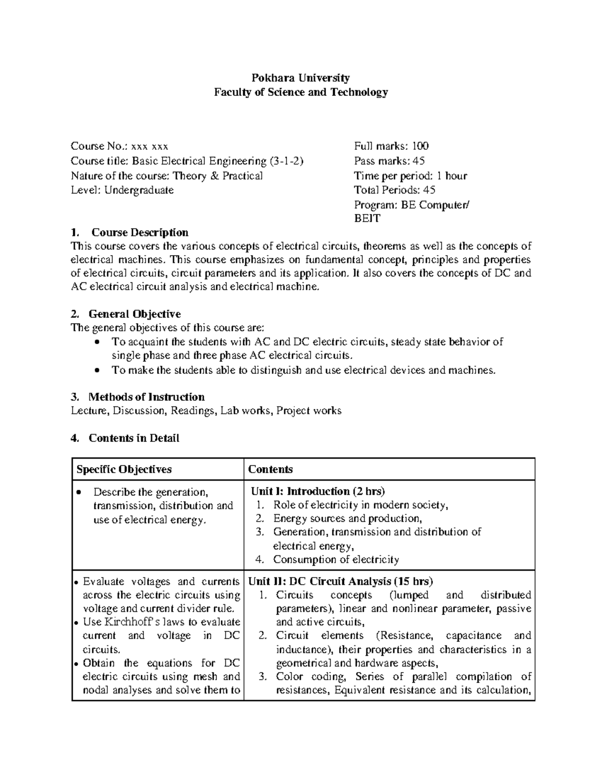 Pokhara University BE 1: Basic Electrical Engineering Course Notes ...