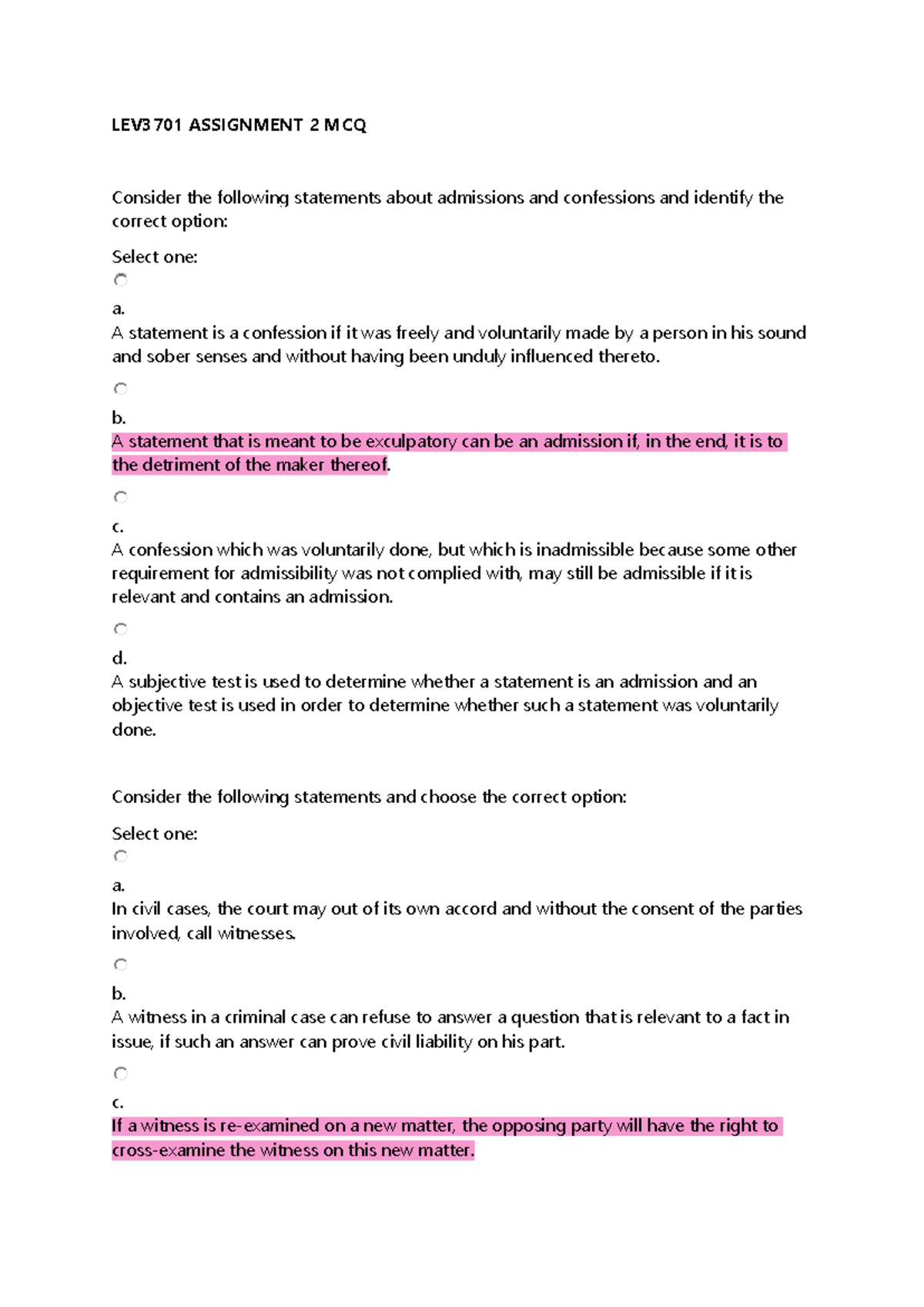 Law of evidence Assignment 2 MCQ - LEV3701 ASSIGNMENT 2 MCQ Consider ... Law of evidence Assignment 2 MCQ - LEV3701 ASSIGNMENT 2 MCQ Consider ...