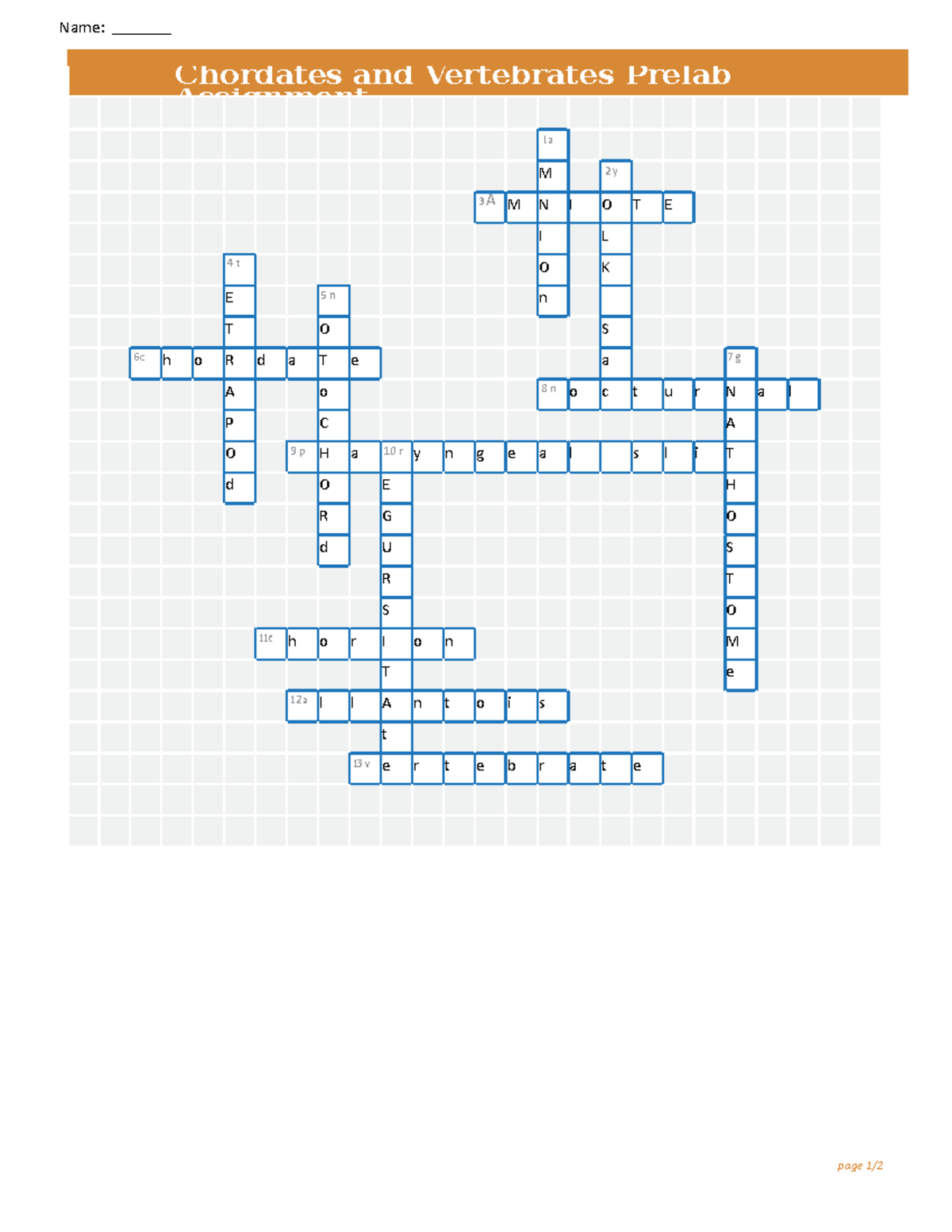 Bio182 crossword puzzle - Name: Chordates and Vertebrates Prelab ...