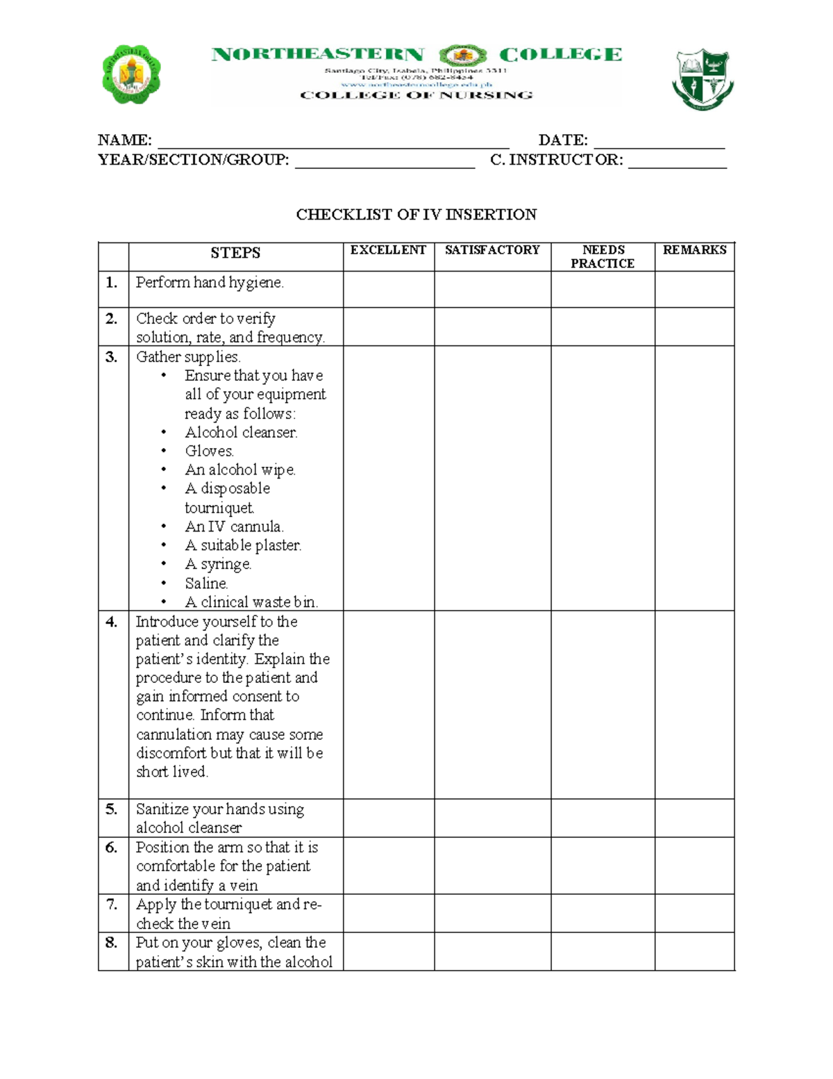 IV Insertion Checklist - Step-by-Step Procedure Guide - Studocu