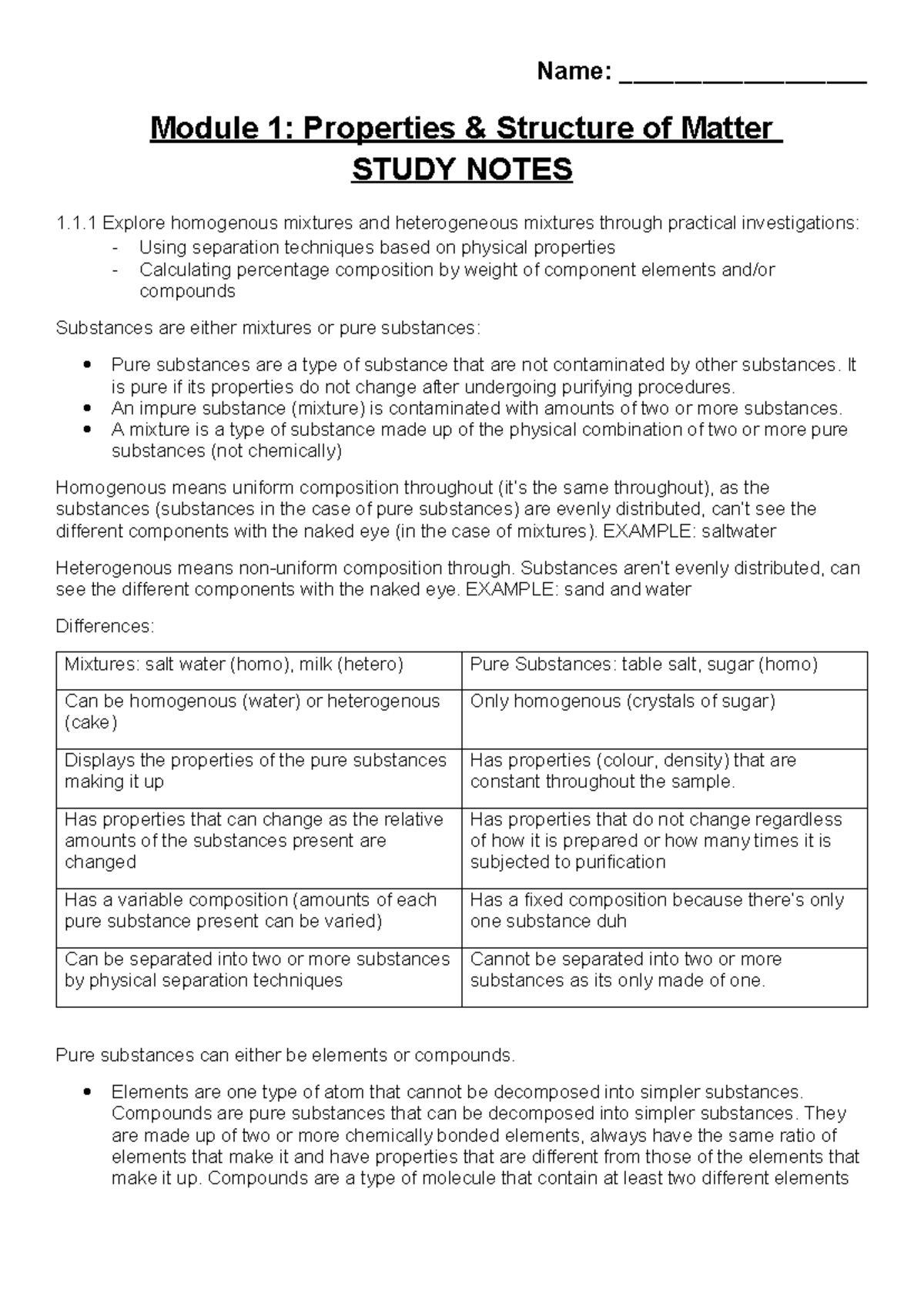 Term 1 Chem - Module 1: Properties & Structure of Matter Study Notes ...