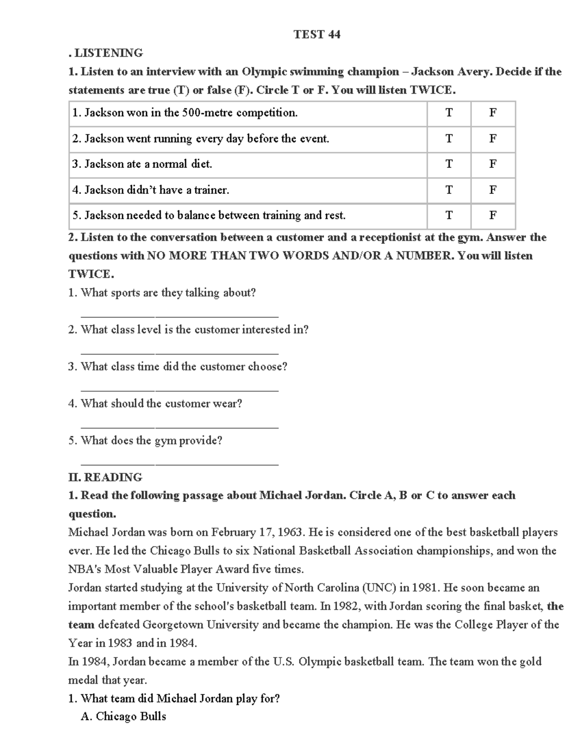 TEST 44: Listening & Reading Comprehension on Sports Legends - Studocu