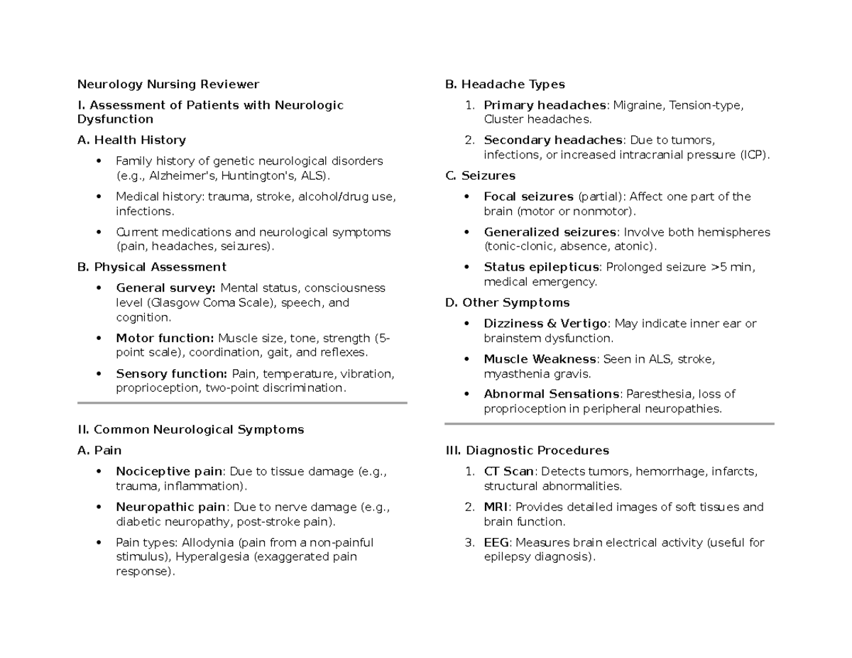 Neurology Nursing Reviewer: Headache Types & Patient Assessment - Studocu