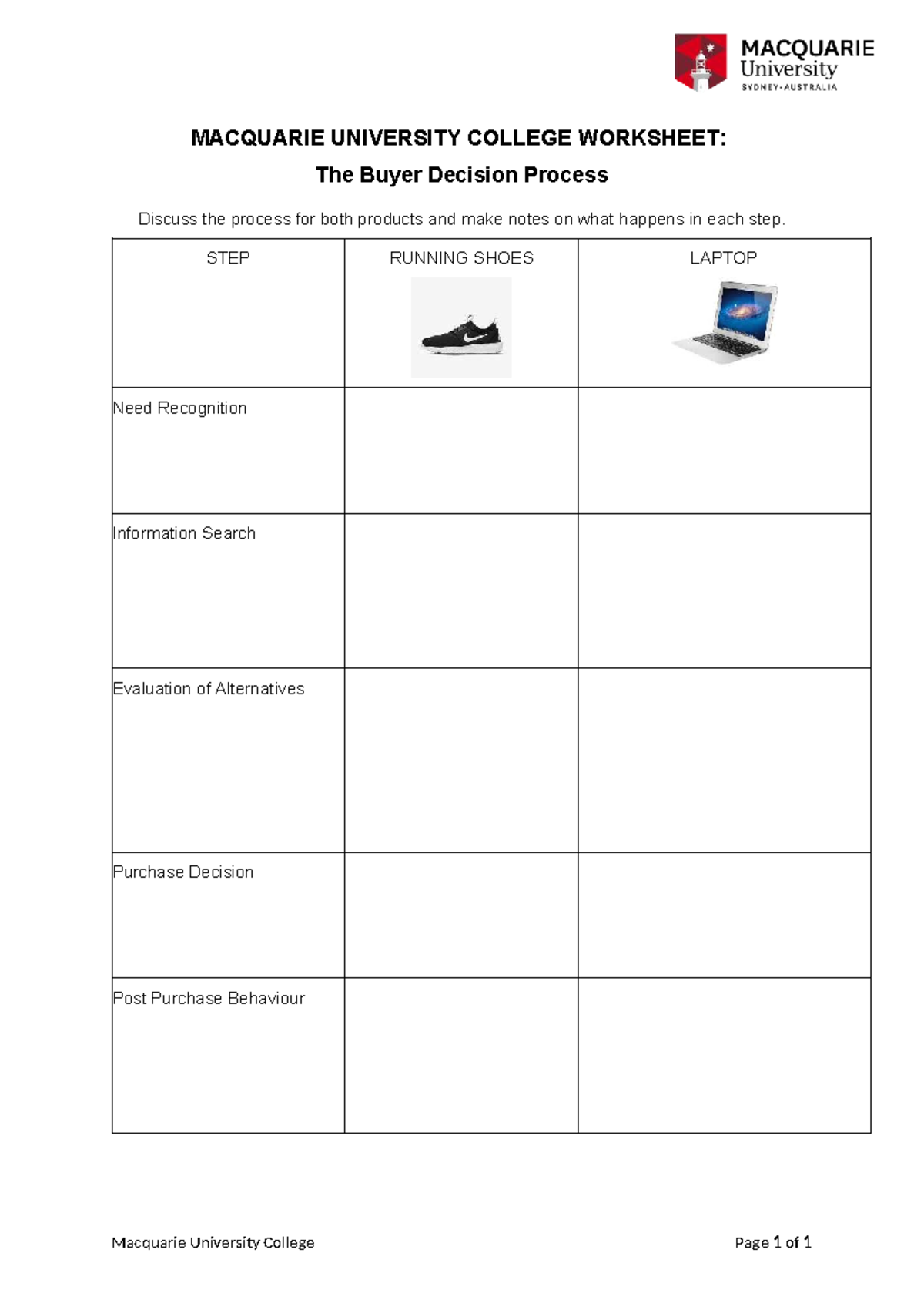 Consumer worksheet - MKTG1001 - MACQUARIE UNIVERSITY COLLEGE WORKSHEET ...