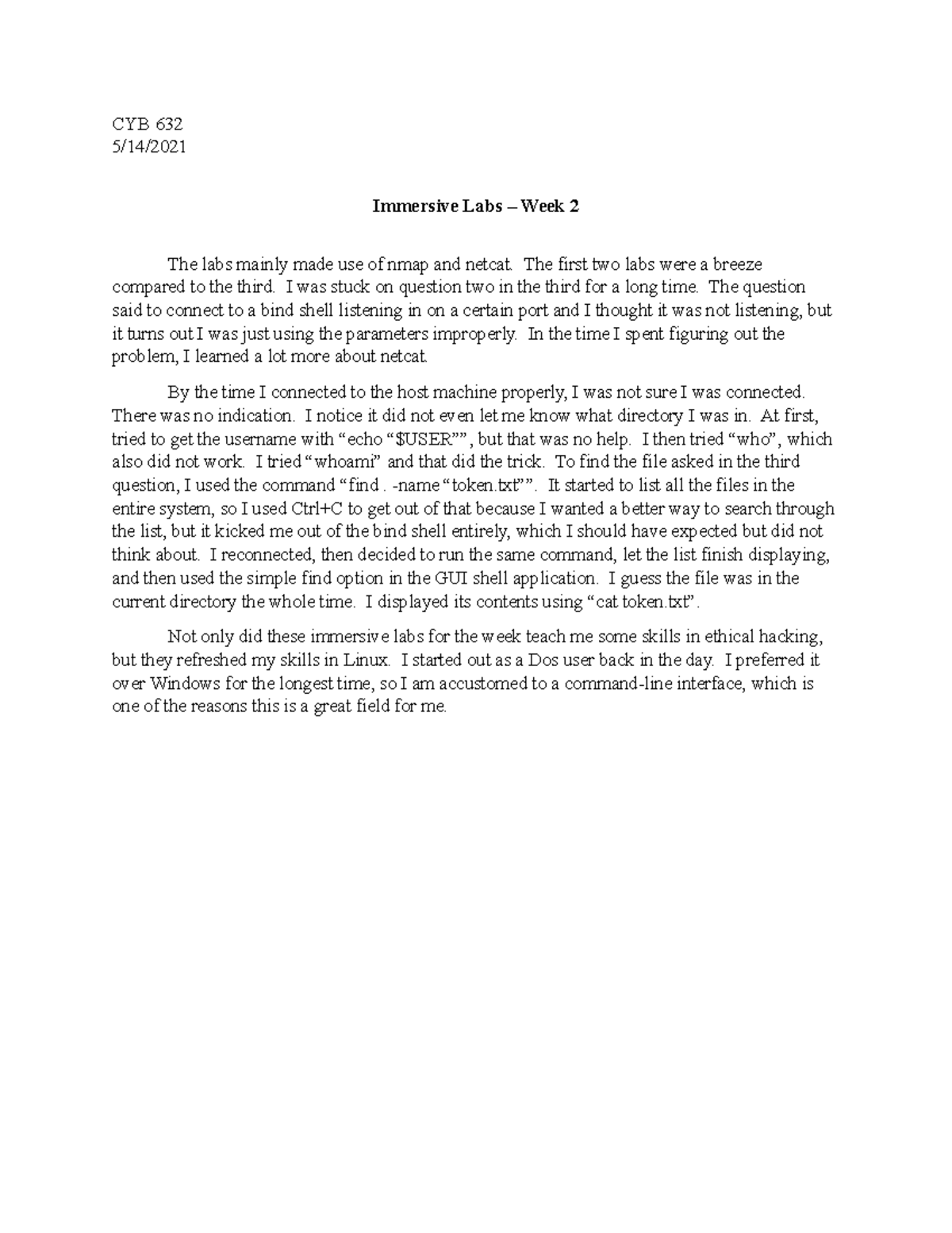 Immersive Labs Week 2 - CYB 632 5/14/ Immersive Labs – Week 2 The labs ...