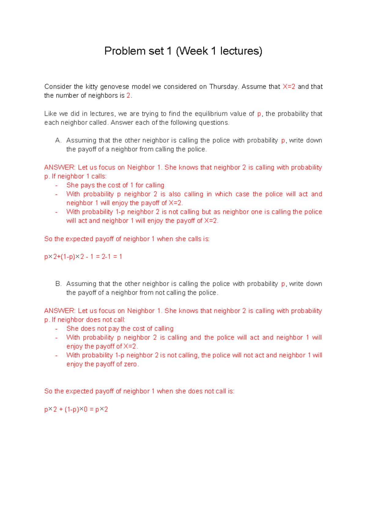 Problem Set 1 Solutions - Week 1 Lectures: Kitty Genovese Model - Studocu