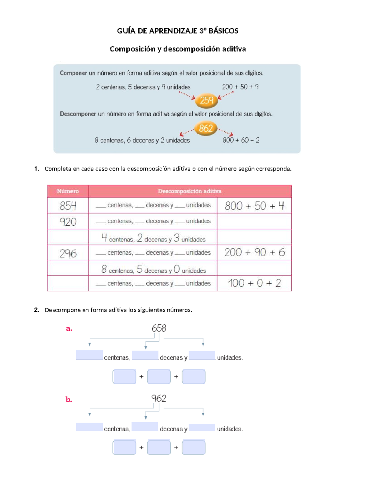 Guía de Aprendizaje: Composición y Descomposición Numérica hasta 1000 ...