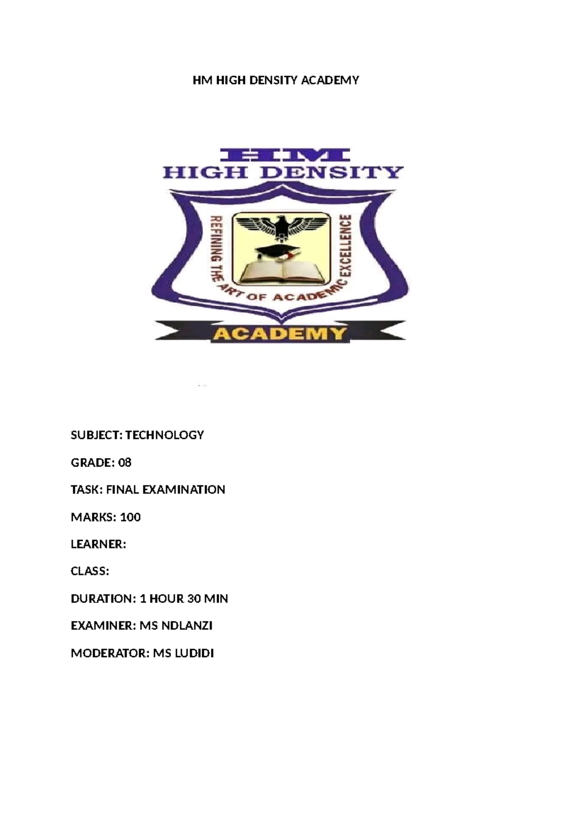 Cover page tech - Noted - LPUB4814 4 - HM HIGH DENSITY ACADEMY SUBJECT ...