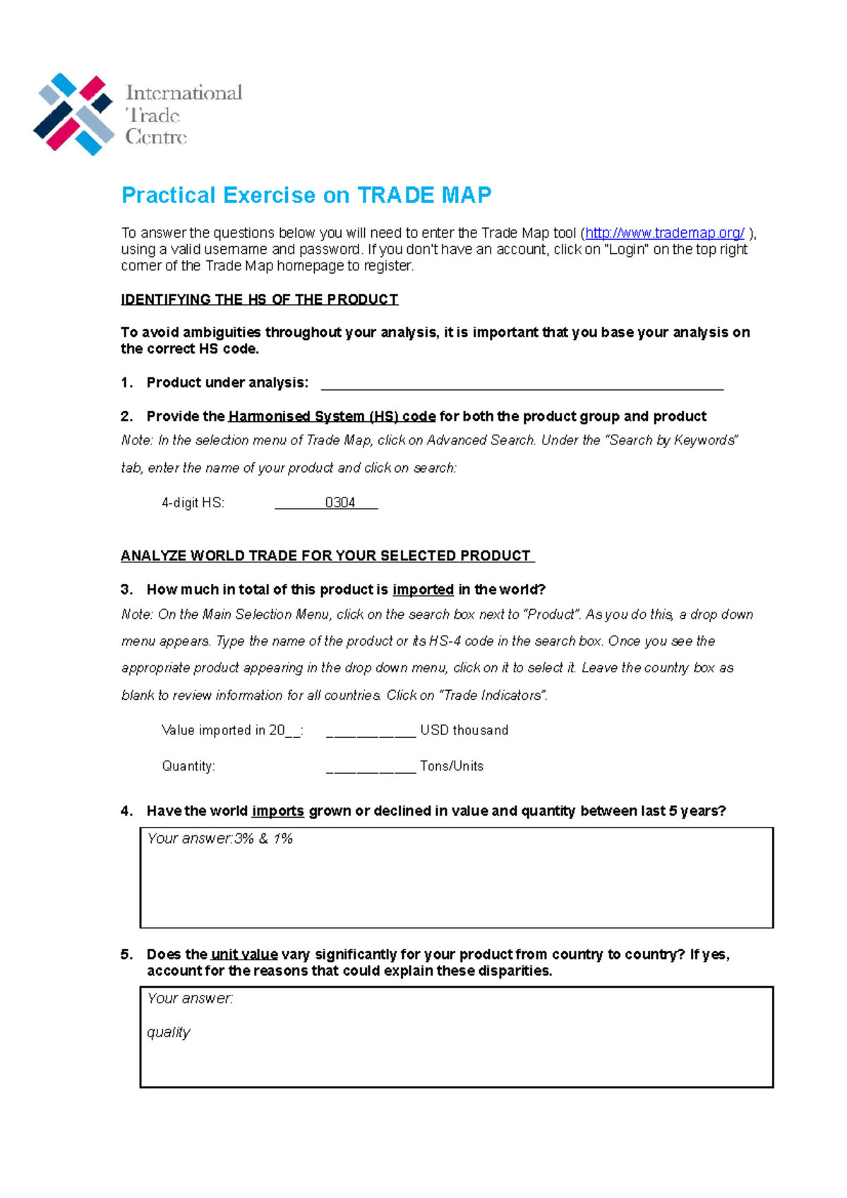 [Exercises] Trade Map-Exercises - Practical Exercise on TRADE MAP To answer the questions below ...