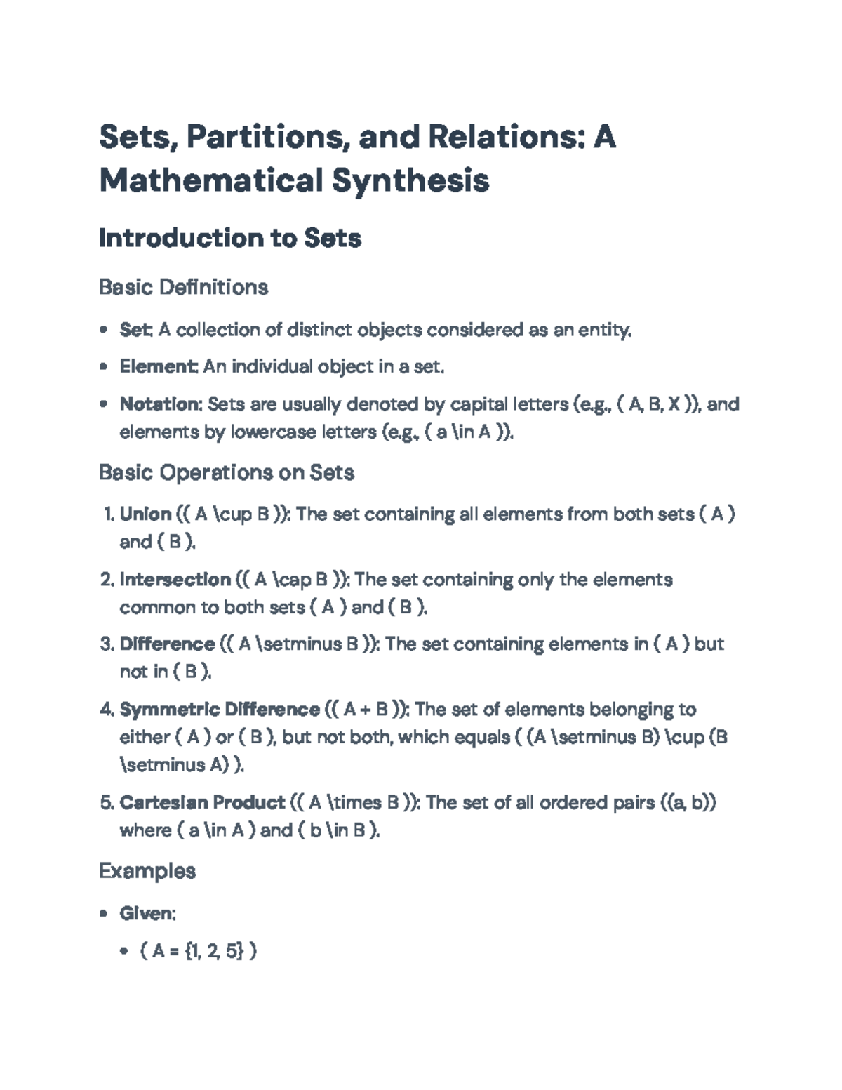 Mathematics 101: Sets, Partitions, and Relations Overview - Sets, Partitions, and Relations: A ...