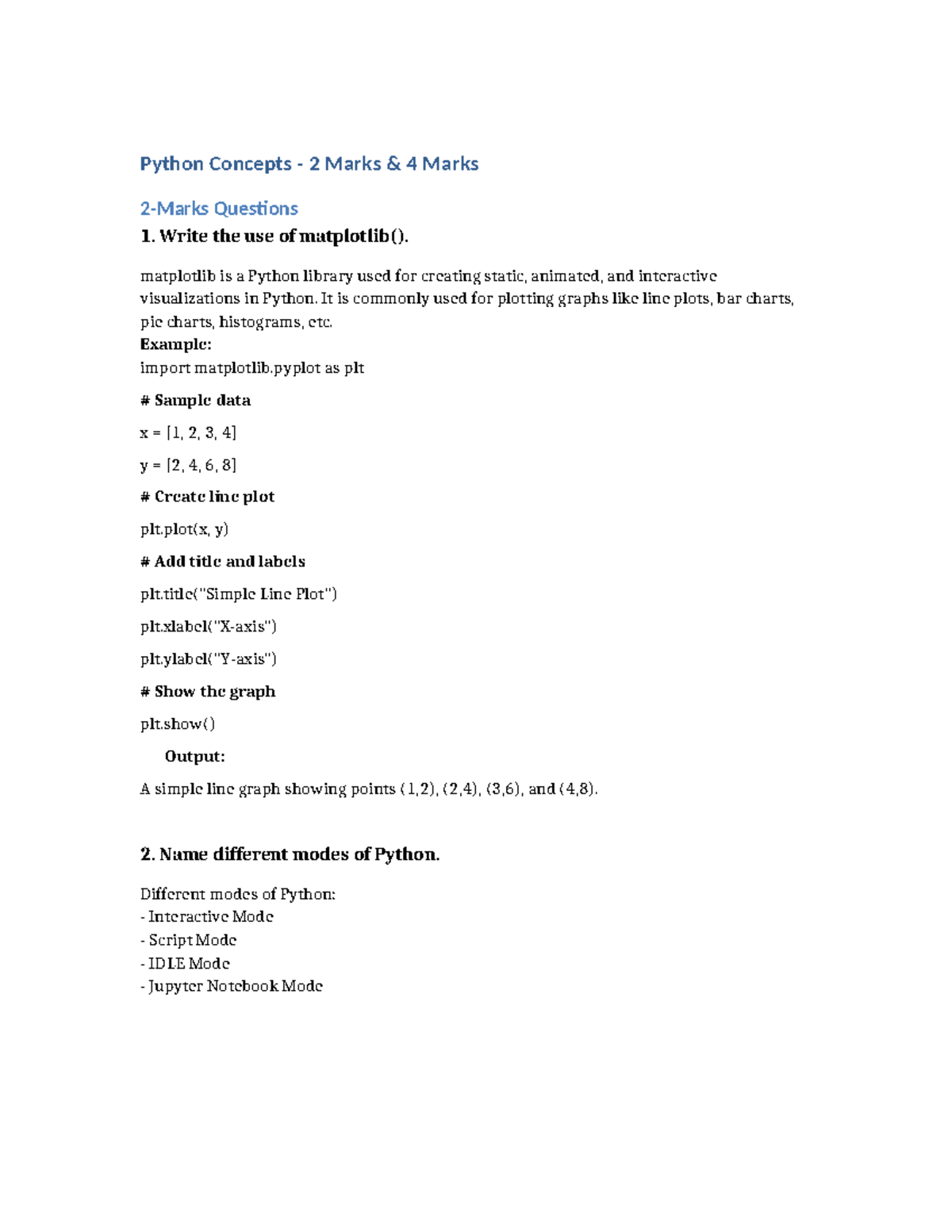 Python concepts QA: 2 marks and 4 marks questions explained - Studocu