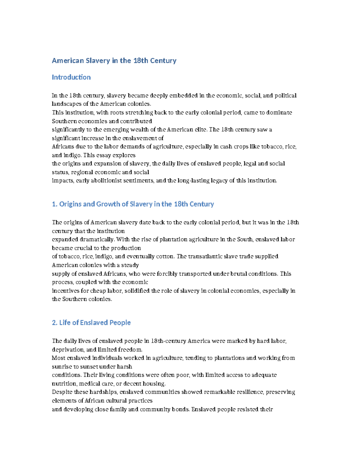 American Slavery in the 18th Century Essay-1 - American Slavery in the ...