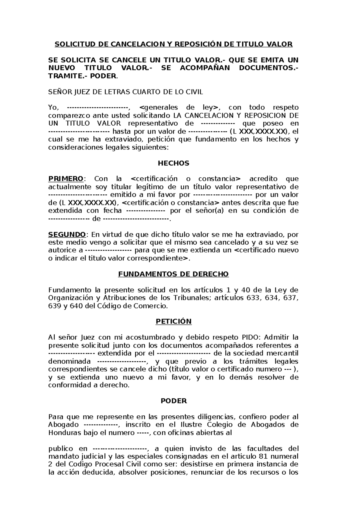 Solicitud de Cancelación y Reposición de Título Valor ante el Juez ...