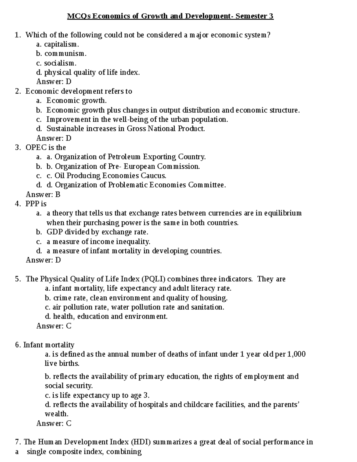 MCQs on Economic Development (ECO 446688683) for Semester 3 - Studocu